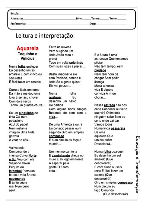 Língua portuguesa Aquarela Toquinho Atividade de língua portuguesa