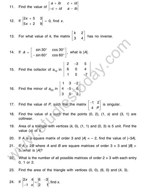 cbse class 12 mathematics matrices and determinants worksheet