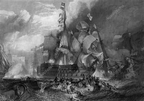 Grabado En Blanco Y Negro De La Batalla De Trafalgar Grabado Por