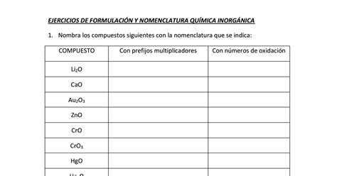 EJERCICIOS DE FORMULACIÓN Y NOMENCLATURA QUÍMICA INORGÁNICA pdf