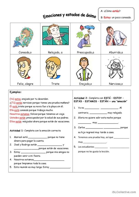 Verbo Estar Emociones Trabajos Hojas De Trabajo De Ele Gratuitas The
