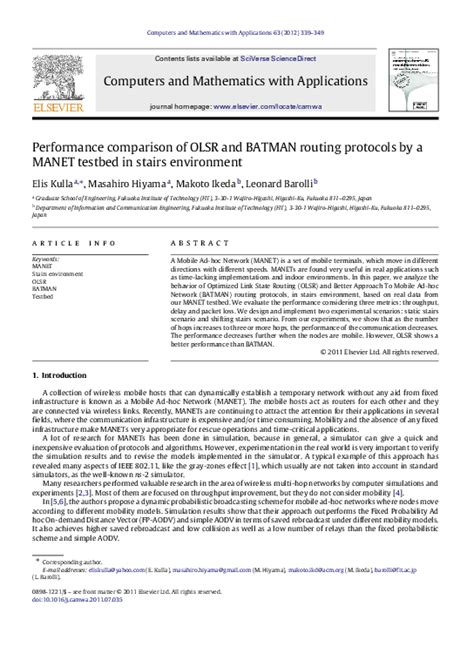 pdf performance comparison of olsr and batman routing protocols by a manet testbed in stairs