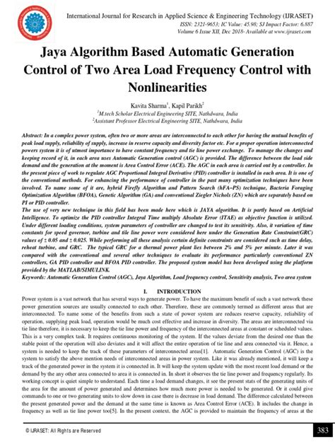 jaya algorithm based automatic generation control of two area load frequency control with