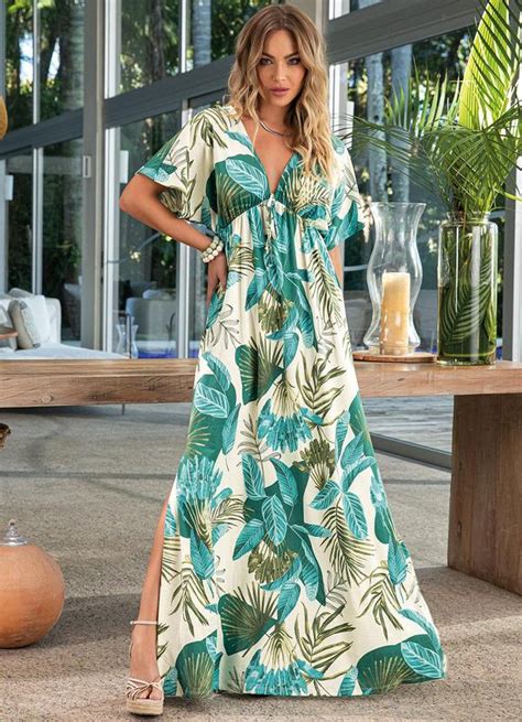 Vestido Folhagem Bege Em Malha Fria Quintess