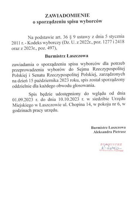 Zawiadomienie o sporządzeniu spisu wyborców Urząd Miejski w Łaszczowie
