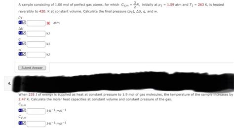 Solved A Sample Consisting Of Mol Of Perfect Gas Atoms Chegg