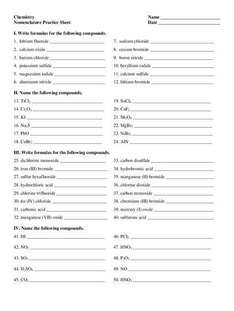Fillable Online Nomenclature Practice Sheet Key Name Fax Email