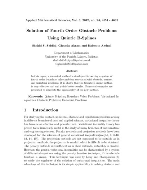 pdf solution of fourth order obstacle problems using quintic b splines kalsoom arshad