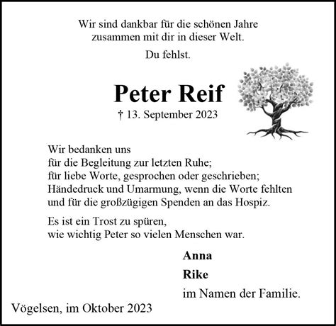 Das Trauerportal für Lüchow Dannenberg Todesanzeigen Peter Reif