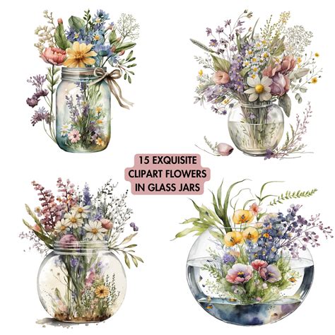 Watercolour Flower Vases Clipart Flower Bouquet Vases Etsy