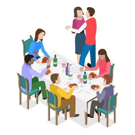 Premium Vector D Isometric Flat Vector Illustration Of Friends Dinner