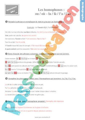 Evaluation Avec Le Corrig Pour Le Cm Les Homophones Grammaticaux