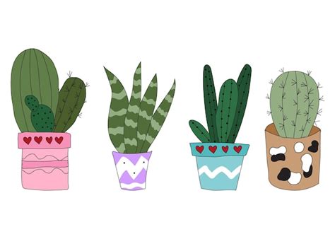 Set cute doodle cactus en macetas ilustración vectorial con lindas