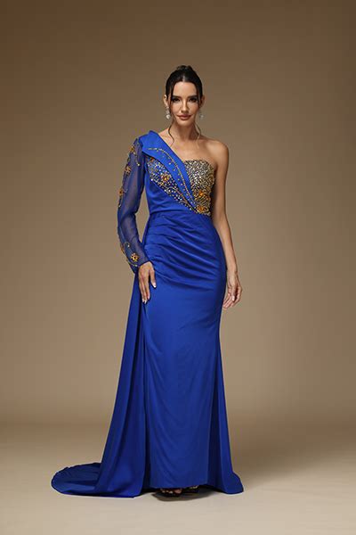 Daisda Chic Royal Blue One Shoulder Pleated Prom Dress With Sequins