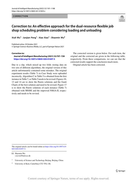 correction to an effective approach for the dual resource flexible job shop scheduling problem