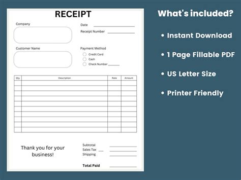Receipt Template Fillable Receipt Printable Receipt Etsy
