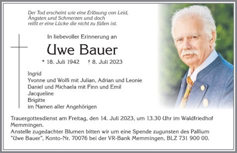 Traueranzeigen von Uwe Bauer Allgäuer Zeitung