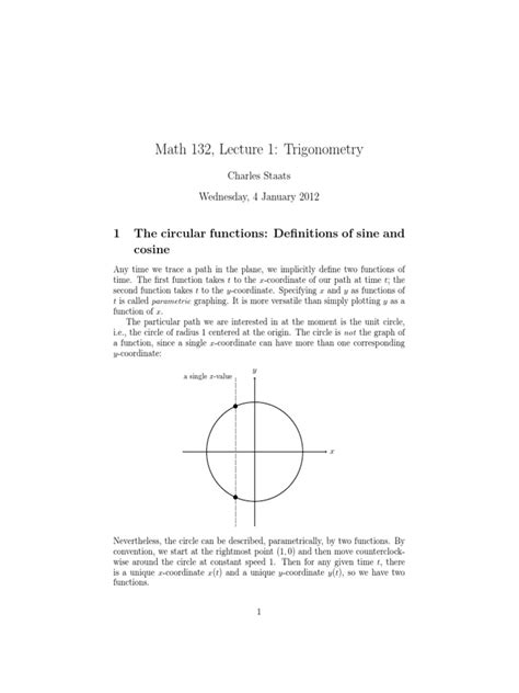 math 132 lecture 1 trigonometry 1 the circular functions definitions of sine and cosine