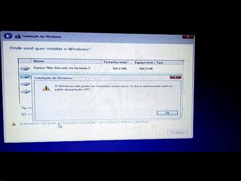 O Windows não pode ser instalado nesse disco O disco selecionado está