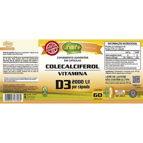 Vitamina D3 2000 UI Colecalciferol Unilife 60 Cápsulas Edin