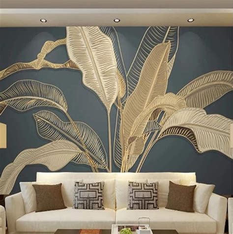 3D Murale Papier Peint Intissé 200cmx150cm Feuille De Bananier Doré