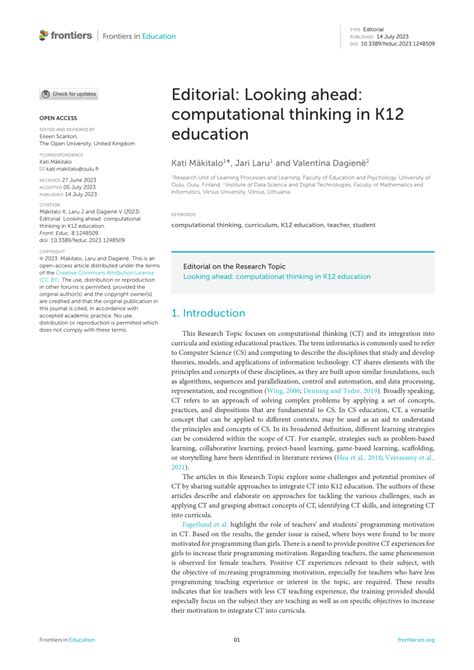 PDF Editorial Looking Ahead Computational Thinking In K12 Education