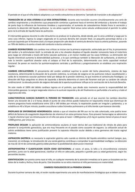 CAMBIOS FISIOLOGICOS DE LA TRANSICION FETAL Micaela Quiñonez Coduri