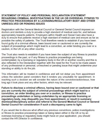 Personal Declaration Statement Examples Format Pdf