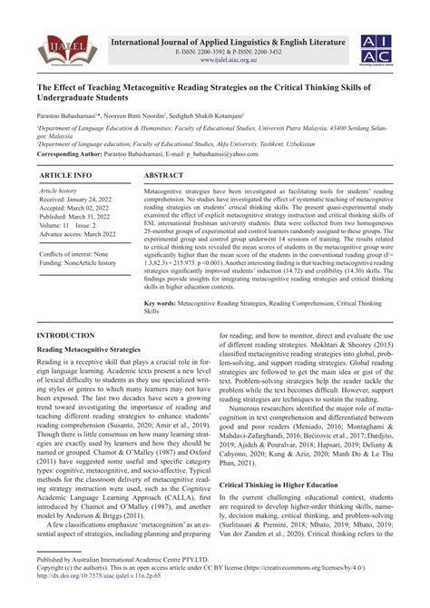 pdf the effect of teaching metacognitive reading strategies on the critical thinking skills of