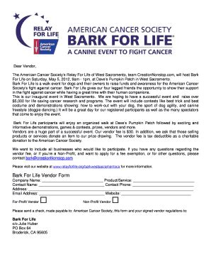 Fillable Online Relay Acsevents Bark For Life Vendor Form Relay For