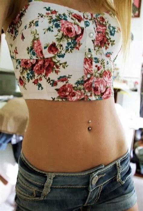 Floral Crop Tops Bellybutton Piercings Belly Button Rings Belly