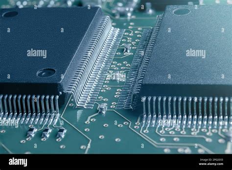 Closeup Of Printed Circuit Board With Processor Integrated Circuits