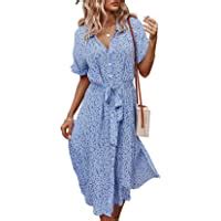 Jiraewh Damen Blumen Sommerkleid Knopf Kurzarm V Ausschnitt Lose