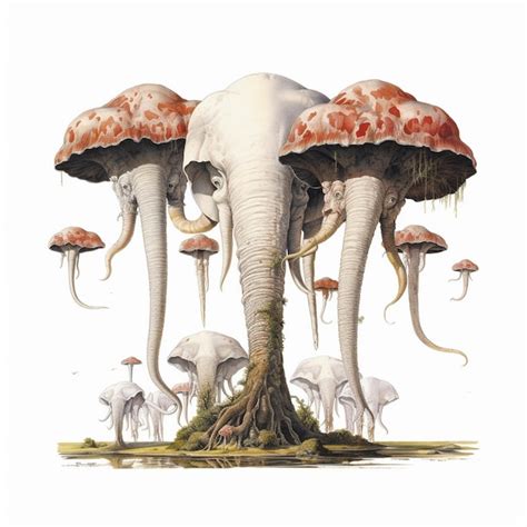 Ein Elefant mit einem großen Rüssel auf dem sich Pilze befinden
