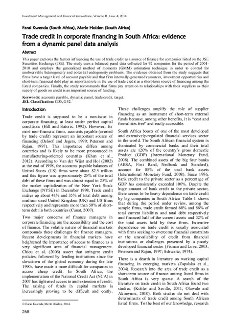 pdf trade credit in corporate financing in south africa evidence from a dynamic panel data