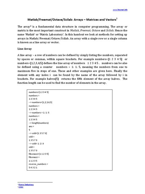 arrays matrices and vectors in matlab freemat octave and scilab by pdf