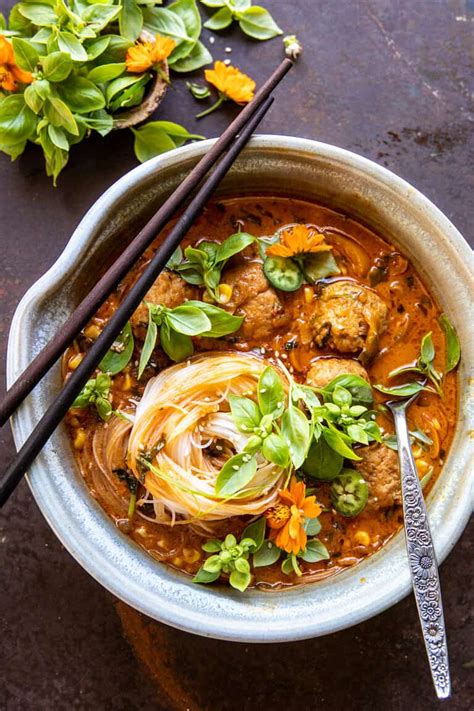 Simple Coconut Chicken Meatball Curry With Rice Noodles Half Baked