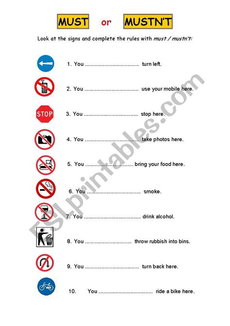 Signs Must Or Mustnt Esl Worksheet By Annielka