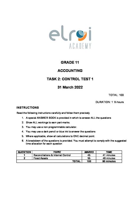 2022 Grade 10 Accounting Control Test 1 Teacha