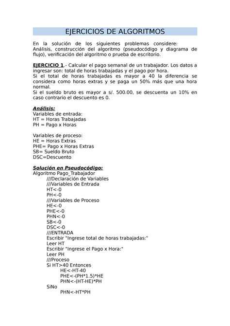 ejercicios de algoritmos ejercicios de algoritmos en la solución de los siguientes problemas