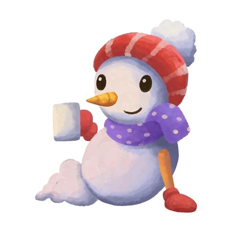 Premium Vector Cartoon Watercolor Christmas Snowman Wearing A Hat And