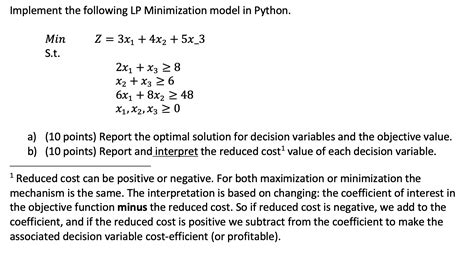 solved implement the following lp minimization model in