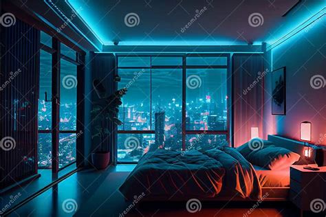 Modern Bedroom Interior With Neon Lights Glowing Ambient In The Evening Window City View Stock