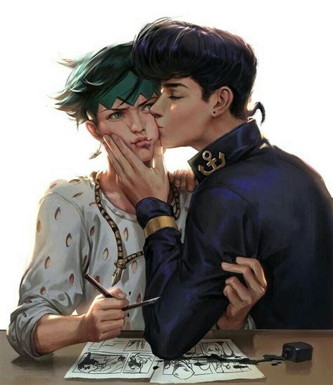 Two People Sitting At A Table Kissing Each Other With Their Hands Over