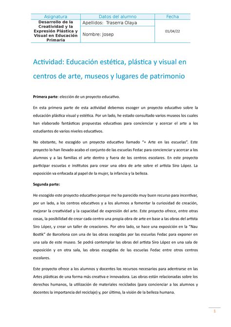 Actividad Educación estética plástica y visual en centros de arte