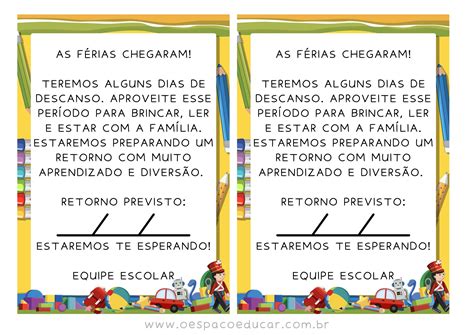 Bilhete de férias Blog Espaço Educar