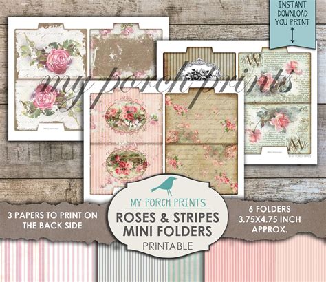 Mini File Folders Rose Stripes Junk Journal Kit Shabby Etsy