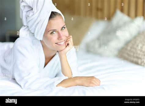 Beauty Teen After Showering On A Bed Posing Stock Photo Alamy