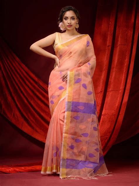 Buy Charukriti Peach Coloured Gold Toned Woven Design Zari Pure Silk