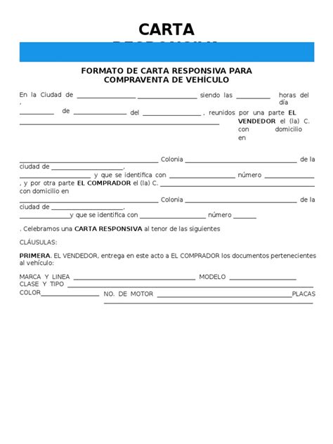 Formato De Carta Responsiva Compra Venta De Auto Pdf